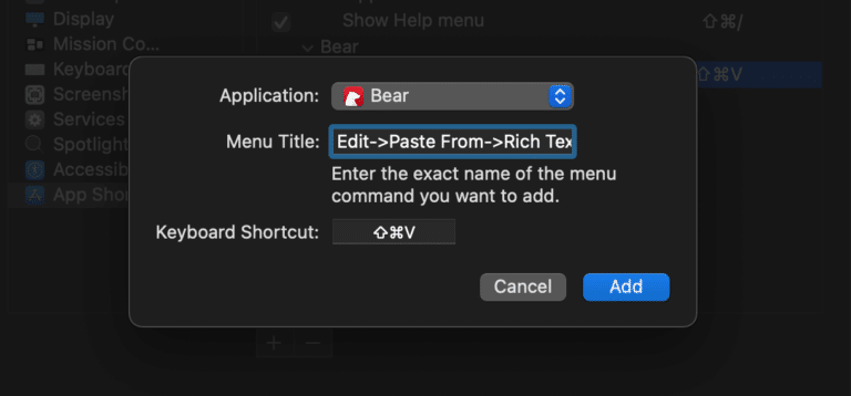 How to set a keyboard app shortcut on macOS (along with submenus)