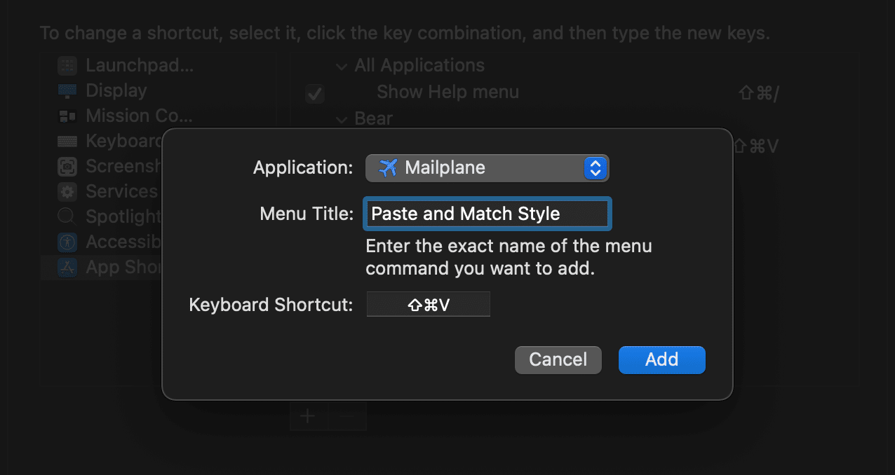 How to set a keyboard app shortcut on macOS (along with submenus)